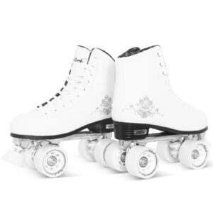 Monsports Roller Skates for Women with PU Leather High-top Double Row Rollerskates, Unisex-Adult Indoor Outdoor Derby Quad Rink Skates with Fast Braking for Beginner