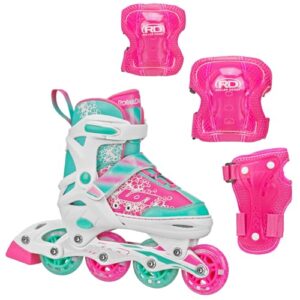 roller derby ion 7.2 inline skates with protective gear, aluminum frames, adjustable sizing, tri-pack protective gear included