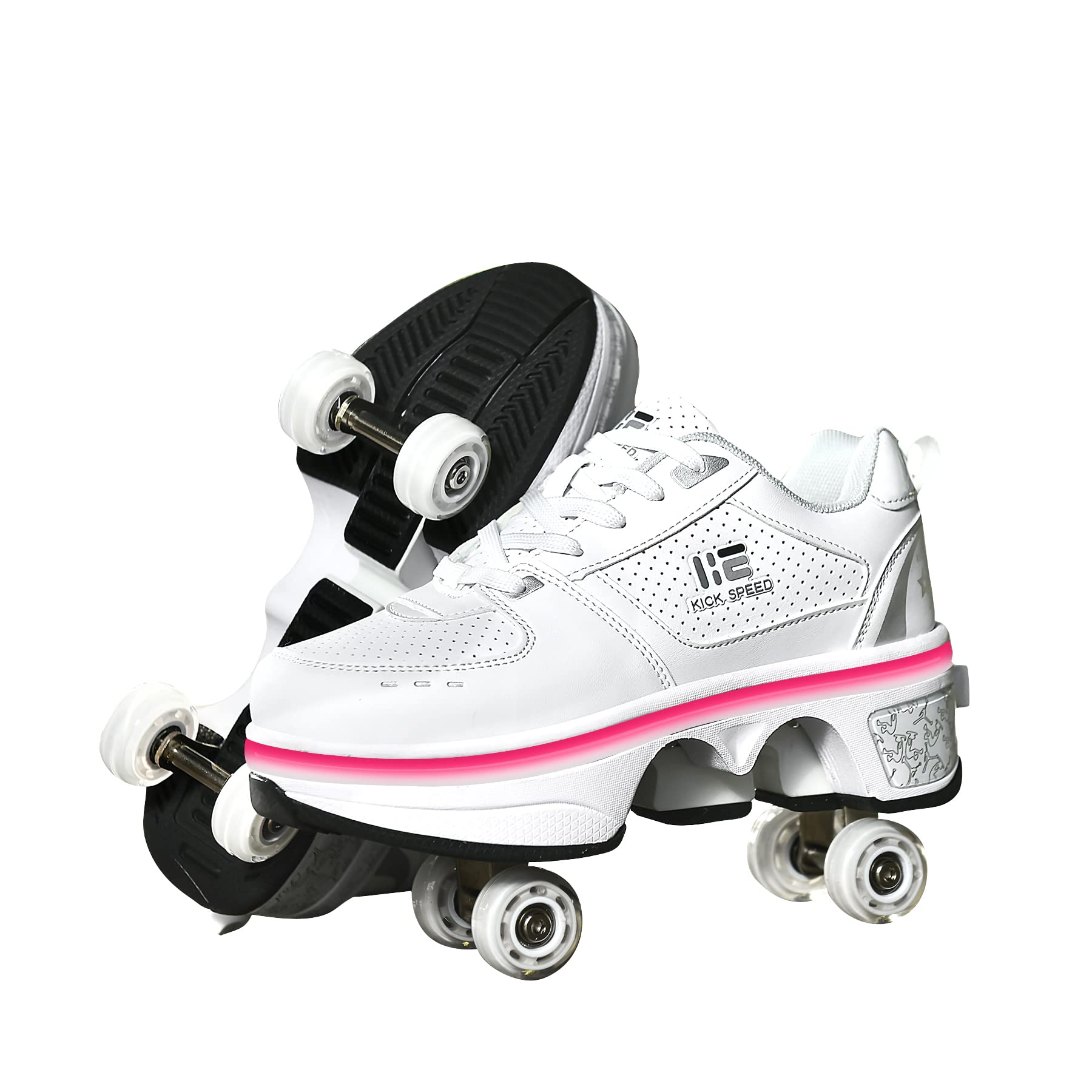 KOFUBOKE 2-in-1 Roller Skates & Sneakers Unisex Retractable Wheels Outdoor Fun & Fitness Kick Roller Shoes (low-top white with light, 9.5)