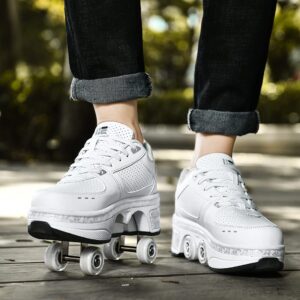 KOFUBOKE 2-in-1 Roller Skates & Sneakers Unisex Retractable Wheels Outdoor Fun & Fitness Kick Roller Shoes (low-top white with light, 9.5)