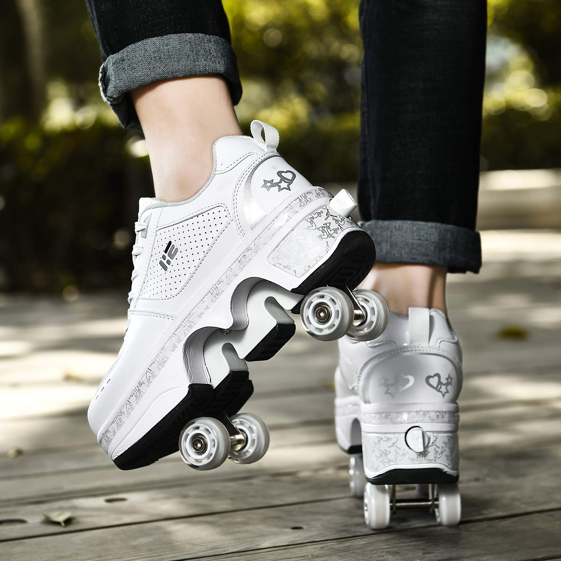 KOFUBOKE 2-in-1 Roller Skates & Sneakers Unisex Retractable Wheels Outdoor Fun & Fitness Kick Roller Shoes (low-top white with light, 9.5)