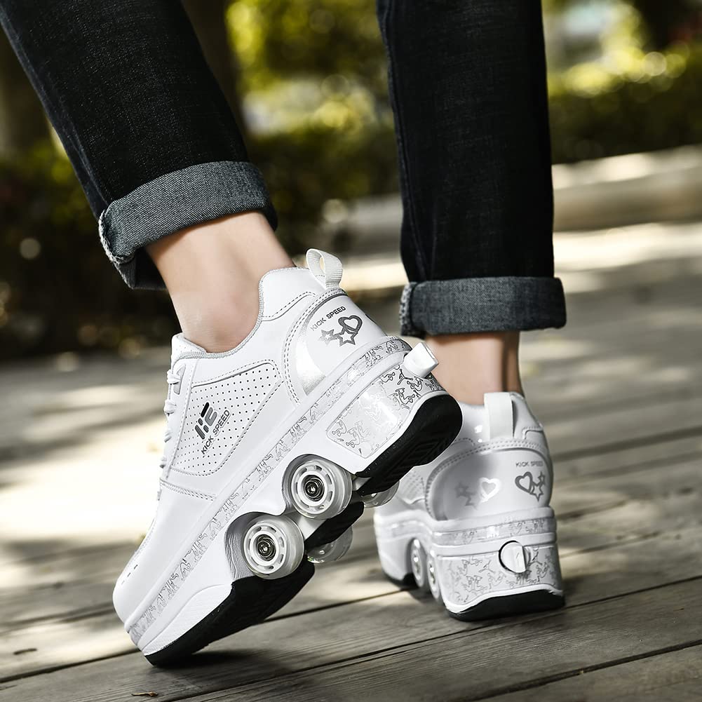 KOFUBOKE 2-in-1 Roller Skates & Sneakers Unisex Retractable Wheels Outdoor Fun & Fitness Kick Roller Shoes (low-top white with light, 9.5)