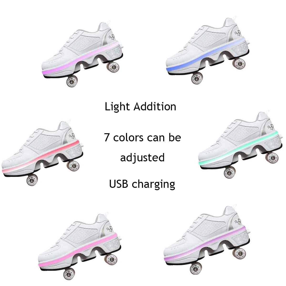 KOFUBOKE 2-in-1 Roller Skates & Sneakers Unisex Retractable Wheels Outdoor Fun & Fitness Kick Roller Shoes (low-top white with light, 9.5)