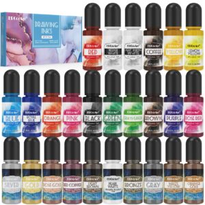 alcohol ink set - 26 bottles vibrant colors alcohol inks, high concentrated resin ink, 10 colors metallic alcohol pigment resin, alcohol based ink for epoxy resin, fluid art painting, glass - 0.35oz