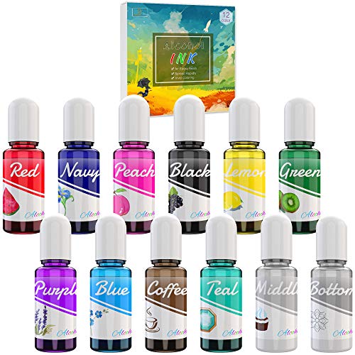 Alcohol Ink Set - 12 Vibrant Colors Alcohol-Based Ink for Epoxy Resin Art, Resin Petri Dish Making - Concentrated Alcohol Paint Color Dye for Resin Painting, Tumbler, Coaster, Yupo - 10ml/.35oz Each