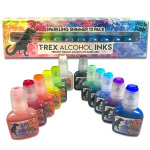 t-rex inks starlight shimmer sparkling alcohol ink 12 bottle set - glitter alcohol ink for epoxy resin dye, painting, tumbler making & more - includes shimmering clear blender - 20ml bottles