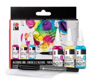 marabu alcohol ink starter kit - 3 color alcohol ink set with alcohol ink paper and permanent marker - magenta, lemon, caribbean alcohol ink for epoxy resin, tumbler making, and painting