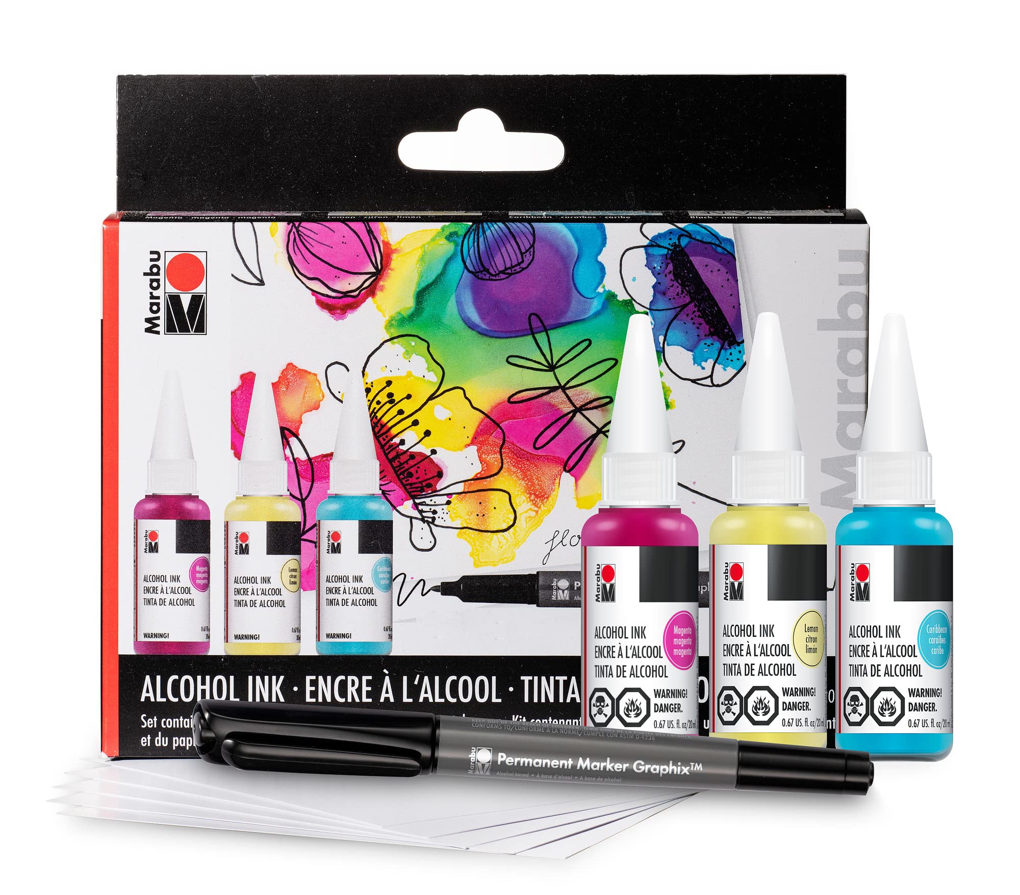 Marabu Alcohol Ink Starter Kit - 3 Color Alcohol Ink Set with Alcohol Ink Paper and Permanent Marker - Magenta, Lemon, Caribbean Alcohol Ink for Epoxy Resin, Tumbler Making, and Painting