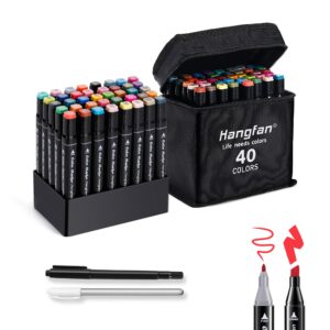 hangfan alcohol based ink art markers, 40 colors permanent dual broad&fine tip markers pen set for student child coloring illustration sketch drawing painting card making (black)