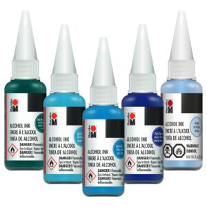 marabu blue alcohol ink set - 5 colors set, aqua blue, azure blue, dark denim, dark blue green, arctic - alcohol ink for epoxy resin, tumblers, alcohol ink paper - large 0.68 ounce inks