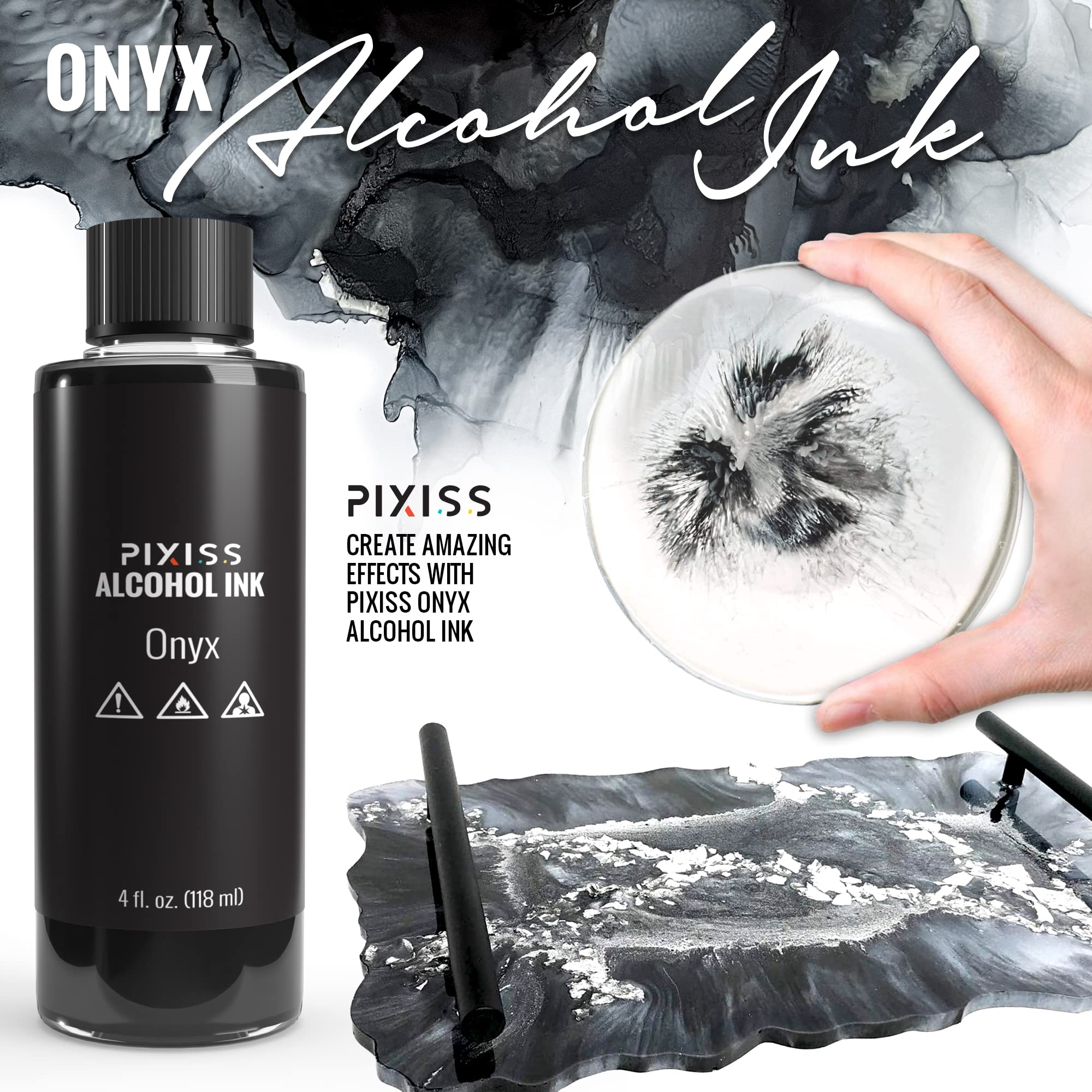 Black Alcohol Ink Extra Large 4oz - Alcohol Ink Black Onyx Color for Epoxy Resin, Tumblers, Resin Art, Alcohol Ink Paper, Black Pigment Ink, 3 Pixiss Needle Tip Applicator Bottles and Funnel