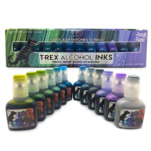 t-rex inks premium alcohol inks cool earth set- 12 cool tone colors - alcohol ink for epoxy resin dye, painting, tumbler making & more - includes storage box & metallic silver ink - 20ml bottles