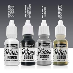 Jacquard Pinata Alcohol Inks 4 Pack Bundle, Blanco, Silver, Rich Gold, Mantilla Black and 10x Pixiss Ink Blending Tools