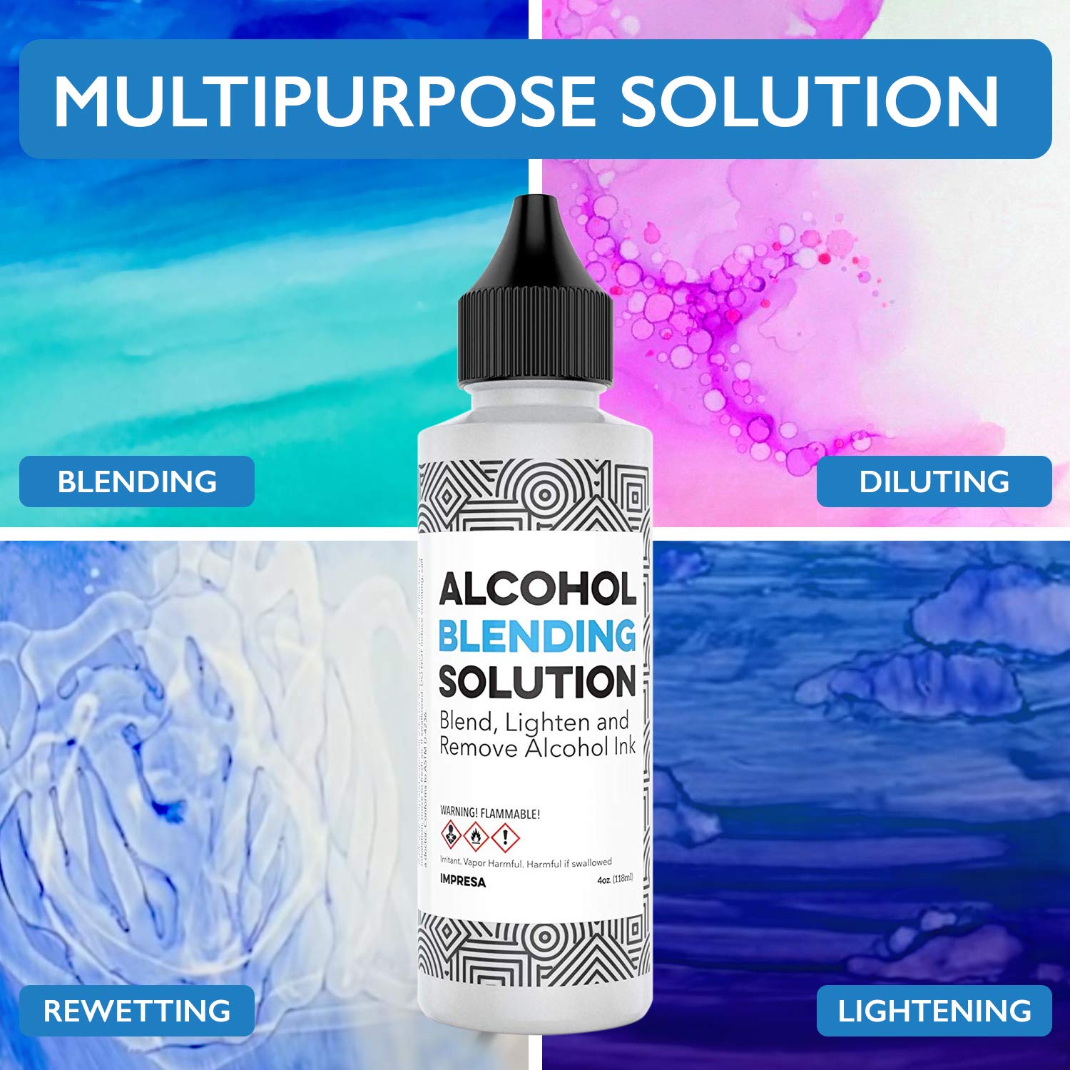 Impresa Alcohol Blending Solution - 4 oz - Multipurpose Solution That Blends, Lightens, and Removes Alcohol Ink - Compatible with All Brands and Adirondack® Alcohol Ink Colors - Painting Supplies