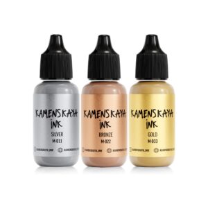 kamenskaya metallic alcohol ink set: gold alcohol ink, silver alcohol ink, bronze alcohol ink, 0.51 fl oz (15 ml) each