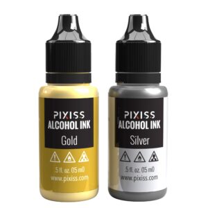 pixiss metallic alcohol ink set - silver and gold metallic alcohol ink mixatives, 5oz metallic alcohol pigment resin dye, alcohol inks for epoxy resin, metallic mixative for yupo and tumbler cups