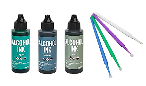 Ranger Alcohol Ink Bundles - Larger 2oz. Bottles of Alcohol Ink with PTP Flash Deals Blending Sticks (ICE: Laguna, Monsoon, Moss)