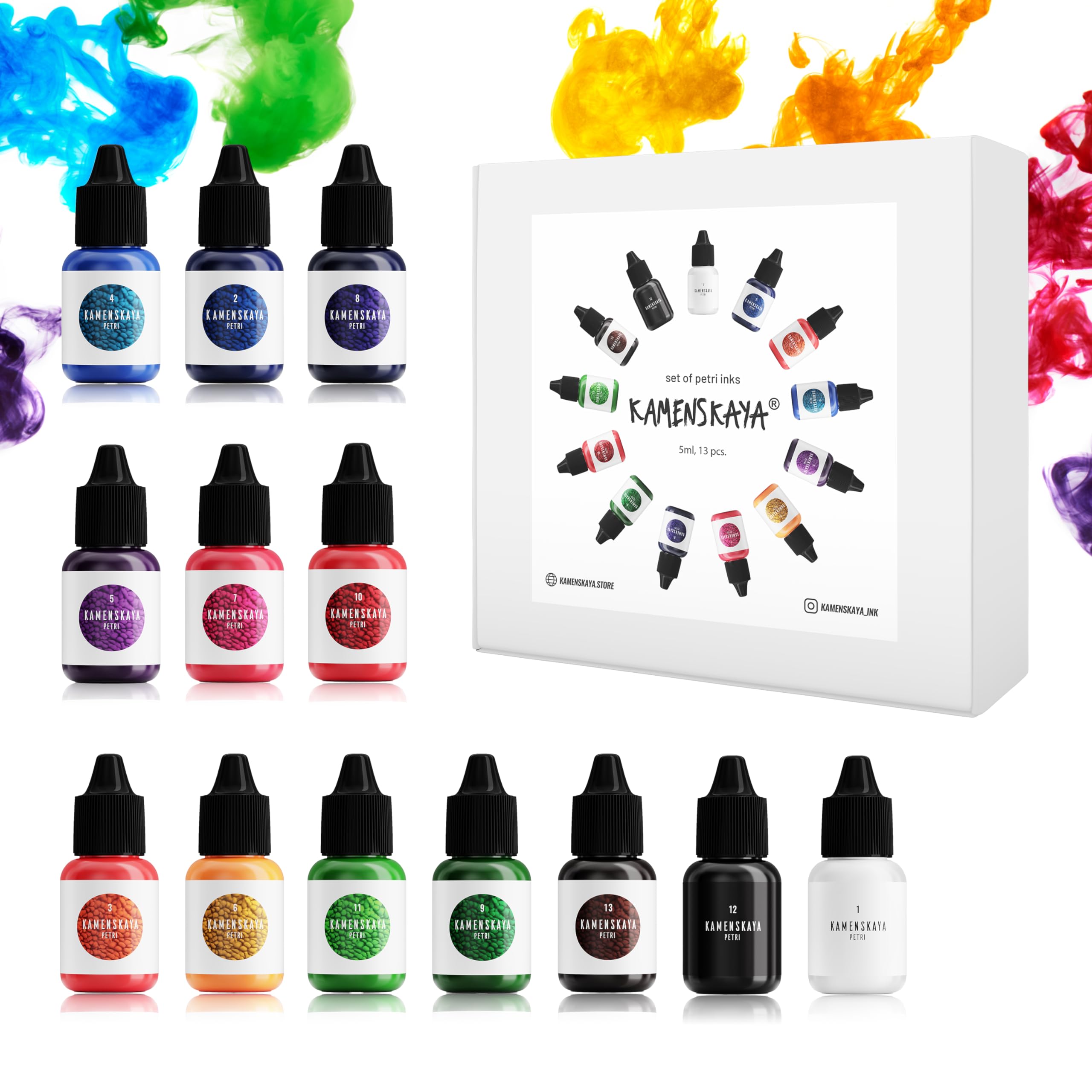 KAMENSKAYA Alcohol Ink for Epoxy Resin Petri Art: Alcohol Ink Set of 13 Mini Petri Inks, 0.17 fl oz (5 ml) each