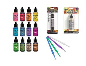 ranger tim holtz adirondack alcohol ink pearl set bundle all 12 pearls blending solution and pen and purple turtle blending stick tools for use on yupo paper, colorful cardstock, resin tint and more!