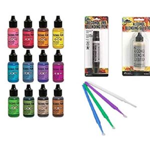 Ranger Tim Holtz Adirondack Alcohol Ink Pearl Set Bundle All 12 Pearls Blending Solution and Pen and Purple Turtle Blending Stick Tools for Use On Yupo Paper, Colorful Cardstock, Resin Tint and More!