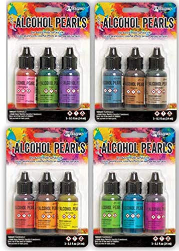 Ranger Tim Holtz Adirondack Alcohol Ink Pearl Set Bundle All 12 Pearls Blending Solution and Pen and Purple Turtle Blending Stick Tools for Use On Yupo Paper, Colorful Cardstock, Resin Tint and More!