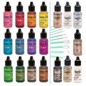 ranger tim holtz alcohol pearls complete set bundle (all 12 colors), ranger tim holtz alcohol ink mixatives (all 7 colors), 10 pixiss precision ink blending tools