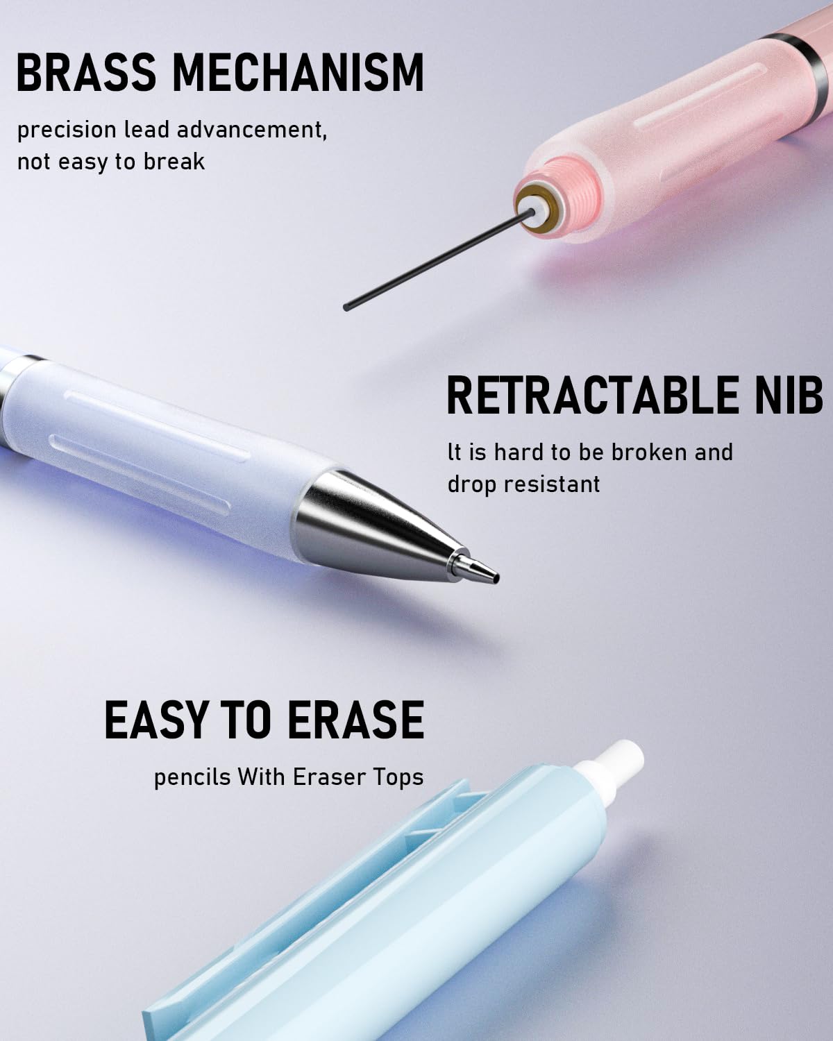 Nicpro 3PCS Pastel Mechanical Pencil Set, 0.9 Mechanical Pencil with 6 Tubes HB Lead 0.9mm, 3PCS Eraser & 9PCS Eraser Refill, Cute School Supplies for Writing, Sketching, Drafting-With Case