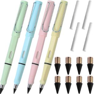 flton 12 pcs portable erasable inkless pencil set(4 pcs everlasting pencils with eraser+8 pcs replaceable nibs) for writing and art sketch