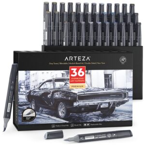 arteza alcohol brush markers set of 36 grayscale dual tip markers with organizer box, medium chisel and brush nib