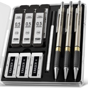 four candies metal mechanical pencil set - 3pcs 0.5mm art mechanical pencils & 360pcs hb lead refills & 3pcs erasers & 9pcs eraser refills, drawing mechanical pencils for writing, sketching -with case