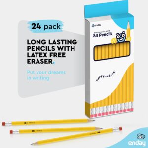 Enday Presharpened #2 Pencils 24 Count, Wood-Cased Yellow Sharpened Pencils with Latex-Free Eraser, Long-Lasting Durable No 2 Pencils for School, Office and Classroom Supplies