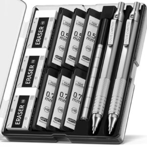 four candies 2pcs metal mechanical pencils set with case, 0.5mm & 0.7 mm artist pencil with 6 tubes (360pcs) hb lead refills, 3 erasers,9 eraser refills for writing drafting, drawing, silver