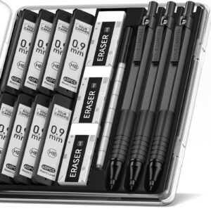 four candies 0.9mm mechanical pencil set with case, 3pcs metal artist lead pencil with 8 tubes (480pcs) hb lead refills, 3 erasers, 9 eraser refills for engineer art writing drafting, black