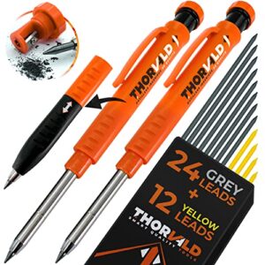 thorvald 2 carpenter pencils set for construction - incl. 38 leads + sharpener + finger grip - solid mechanical pencils with fine point/best marking tools construction/carpenters/scriber