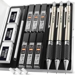 nicpro 0.5 mm art mechanical pencil set in storage case, 3 pcs metal drafting pencil lead pencil with 6 tube hb lead refills, 3 erasers, 9 pcs eraser refills for artist writing, drawing, sketching