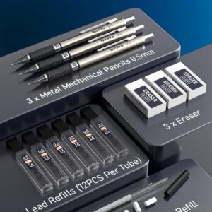 Nicpro 0.5 mm Art Mechanical Pencil Set in Storage Case, 3 PCS Metal Drafting Pencil Lead Pencil with 6 Tube HB Lead Refills, 3 Erasers, 9 PCS Eraser Refills for Artist Writing, Drawing, Sketching