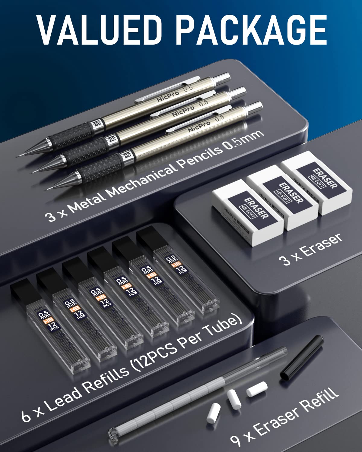 Nicpro 0.5 mm Art Mechanical Pencil Set in Storage Case, 3 PCS Metal Drafting Pencil Lead Pencil with 6 Tube HB Lead Refills, 3 Erasers, 9 PCS Eraser Refills for Artist Writing, Drawing, Sketching