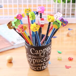 Yansanido 40 Pcs Colorful 7.28 Inch Length Random Cartoon Eraser Pencils, Cute Pencils for Office, School Supplies Students Children Gift (40)