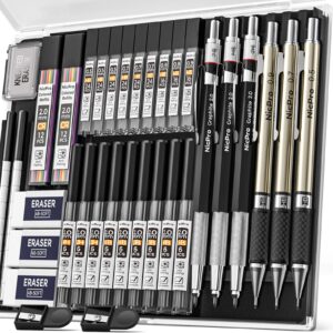 nicpro 35pcs art mechanical pencil set, 3 pcs metal drafting pencil 0.5 mm & 0.7 mm & 0.9 mm & 3 pcs 2mm lead holder (6b 4b 2b hb 2h 4h colors) for sketching drawing with 20 tube lead refills case