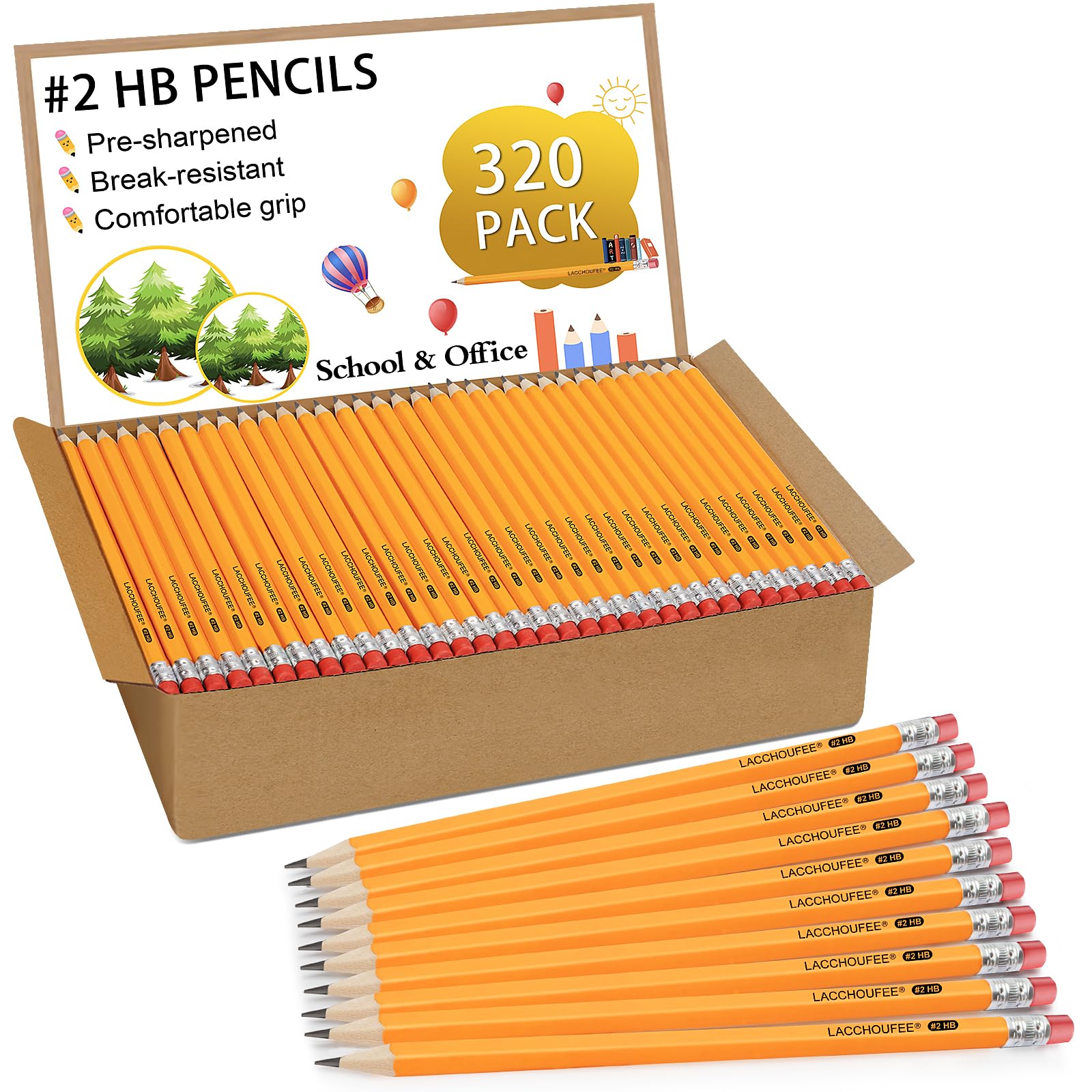 LACCHOUFEE 320 Pack #2 Pencils Bulk Pre-sharpened Pencils with Eraser top, 2 HB Pencils for Writhing Drawing, Yellow Wood-Cased Pencils in Bulk for Office, School, Teacher and Classroom Supplies