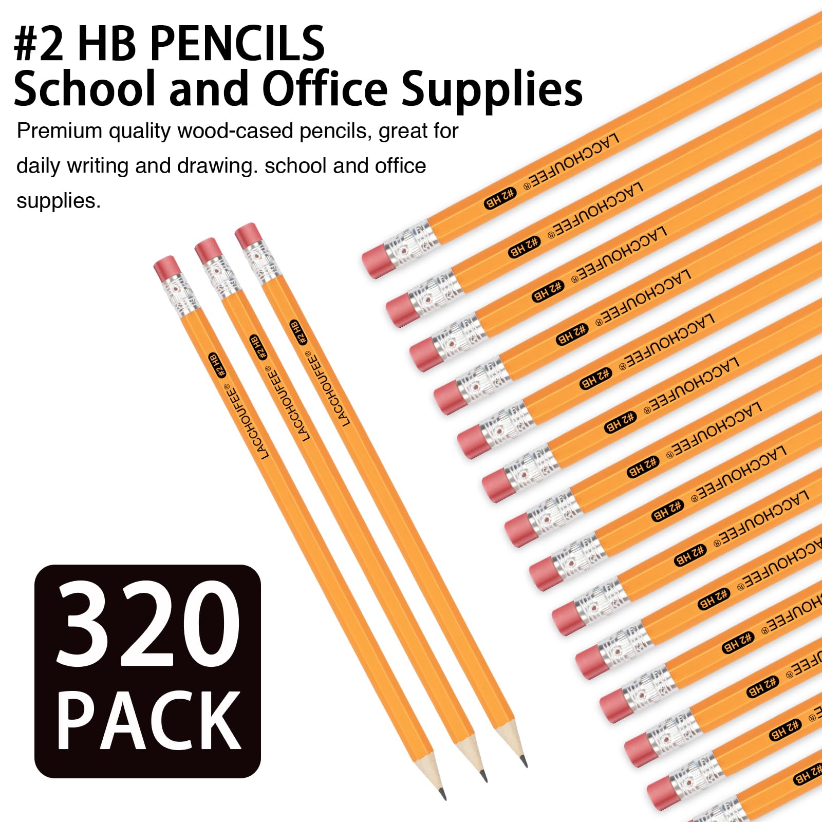 LACCHOUFEE 320 Pack #2 Pencils Bulk Pre-sharpened Pencils with Eraser top, 2 HB Pencils for Writhing Drawing, Yellow Wood-Cased Pencils in Bulk for Office, School, Teacher and Classroom Supplies