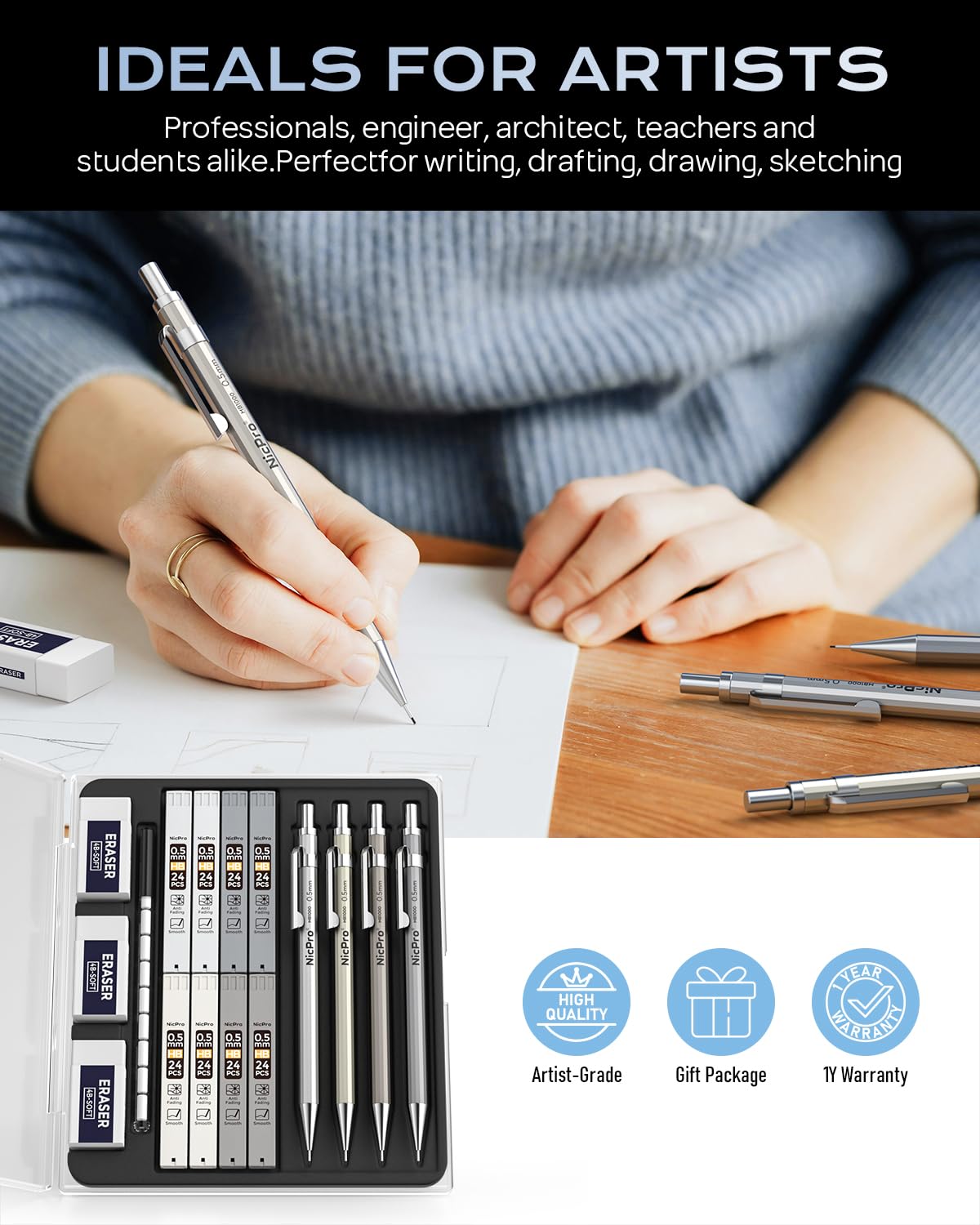 Nicpro 4 Pack 0.5mm Mechanical Pencil Set with Case, Metal Mechanical Pencil Drafting Pencil Lead 0.5mm for Artist Writing, Sketching, Drawing, 8 Tube HB #2 Refill, 3 PCS 4B Eraser, 9 Eraser Refill