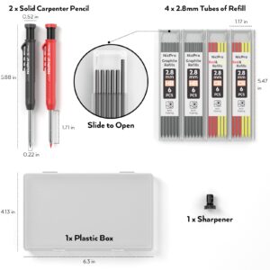 Nicpro Carpenter Pencil with Sharpener, Mechanical Pencils Set with 26 Refills, Deep Hole Marker for Construction, Heavy Duty Woodworking Pencils for Architect (Black, Red) - With Case