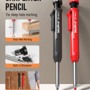 Nicpro Carpenter Pencil with Sharpener, Mechanical Pencils Set with 26 Refills, Deep Hole Marker for Construction, Heavy Duty Woodworking Pencils for Architect (Black, Red) - With Case