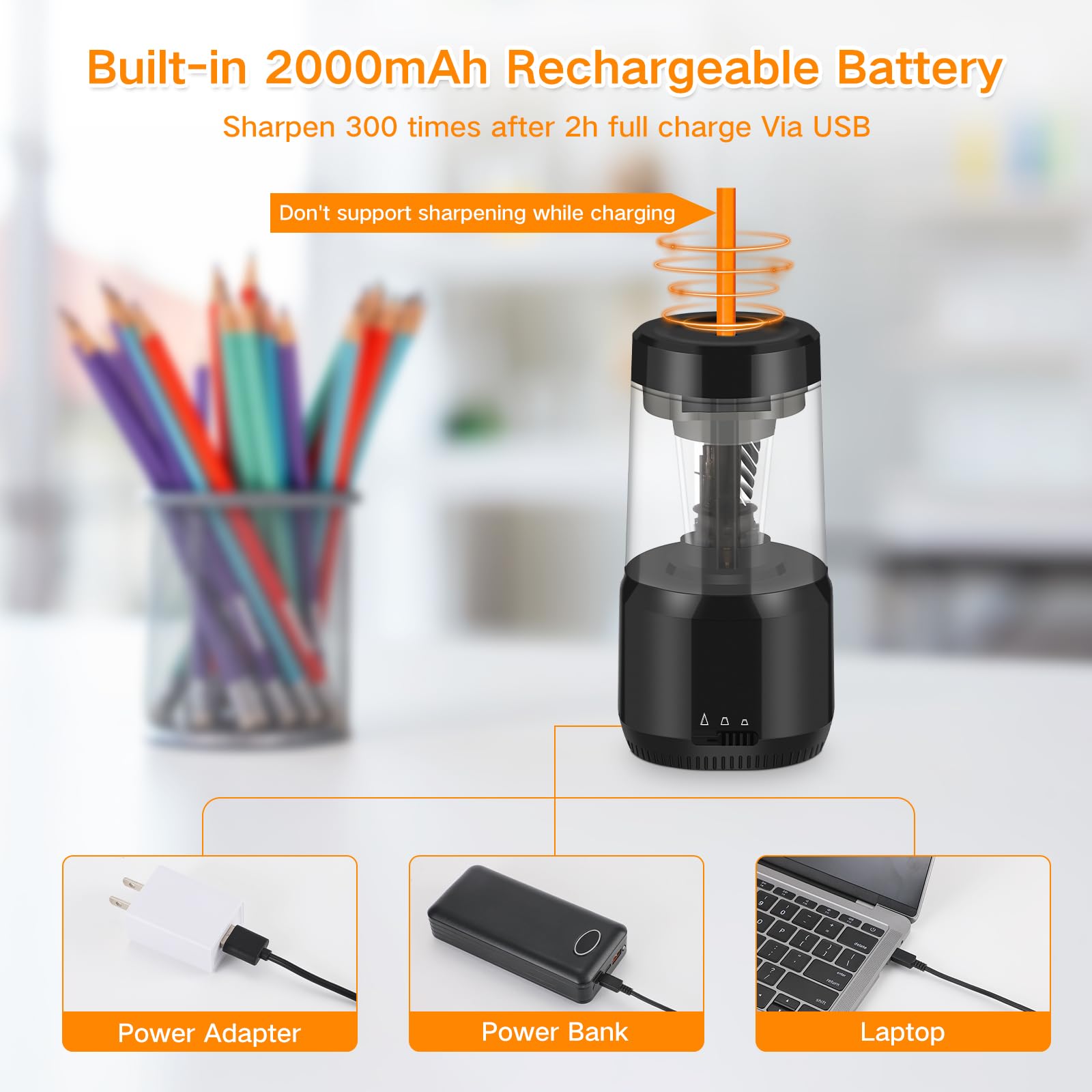 Electric Pencil Sharpener, 2000mAh Battery Operated Pencil Sharpener Electric Plug in for 6-8mm Pencils, Rechargeable Full Automatic Cordless Pencil Sharpener for Classroom Home Kid, Auto Stop, Fast