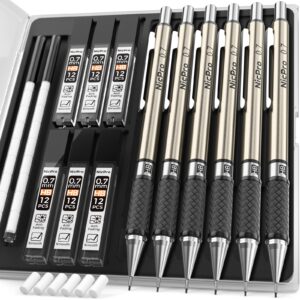 nicpro 0.7 mm art mechanical pencils set, 6 pcs metal drafting pencil 0.7mm tube hb lead refills & 18 cap eraser for adults, children, artist writing, drawing, sketching, black, 1 count (pack of 6)