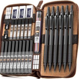 nicpro 30pcs black metal mechanical pencil set in leather case, art drafting pencil 0.5, 0.7, 0.9 mm, 2mm lead pencil holders for sketching drawing with 16 tube (6b 4b 2b hb 2h 4h colors)lead refills