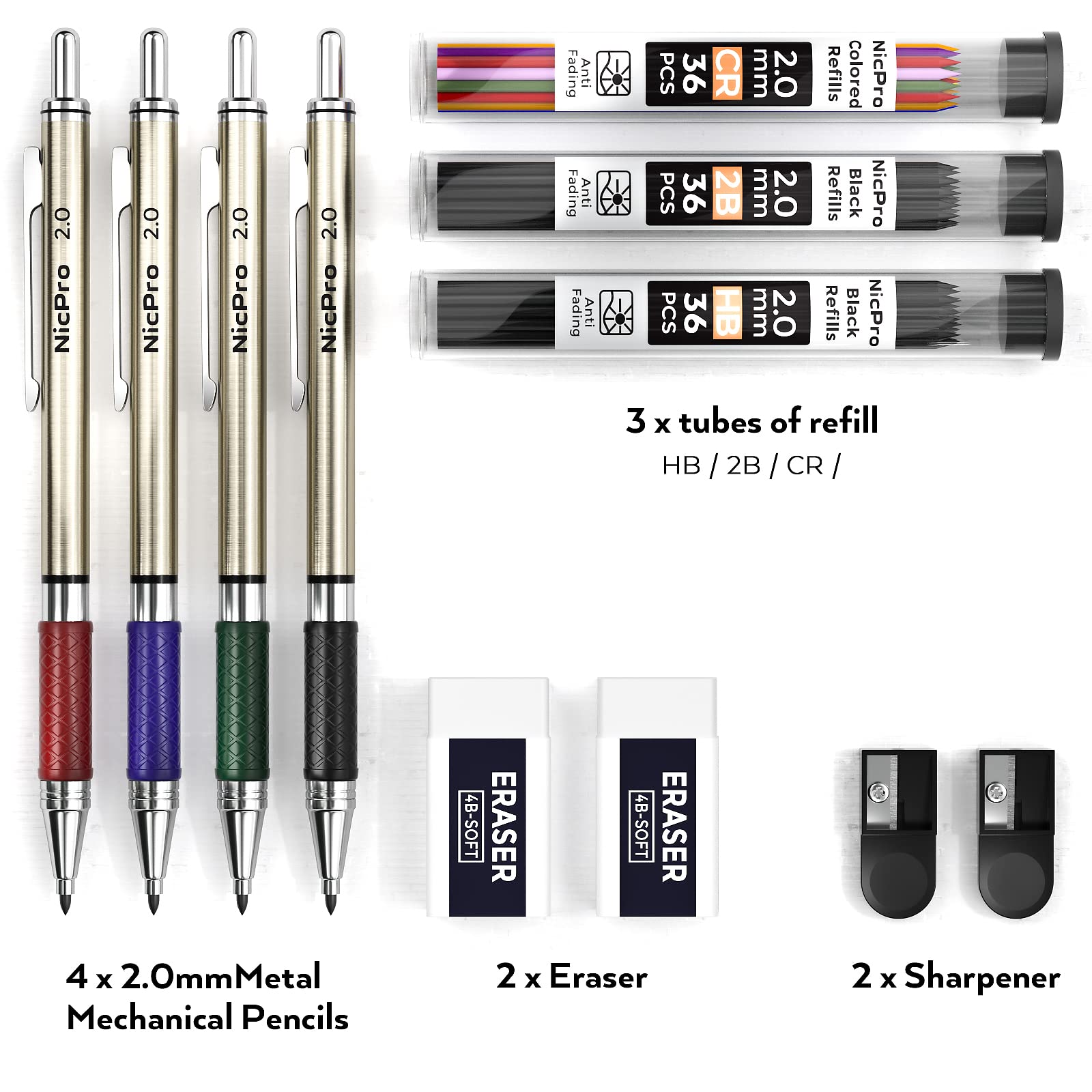 Nicpro 4 PCS Premium 2.0 mm Mechanical Pencils Set, 108 Colored & Black (HB 2B) Lead Refills, Art Metal 2mm Carpenter Pencil with 2 Erasers, 2 Sharpeners for Drafting Sketching Drawing with Case