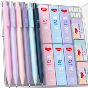 smallbudi 6pcs 0.7 mm mechanical pencils set with case, cute pastel mechanical pencil with 360pcs hb lead refills, 3 eraser, aesthetic school supplies pencils for drafting writing drawing sketching