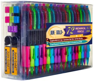 june gold 72 mechanical pencils, 0.7 mm hb #2 lead, 2 lead dispensers/w 220 refills & 16 erasers, break resistant lead, convenient side click & soft non-slip grip